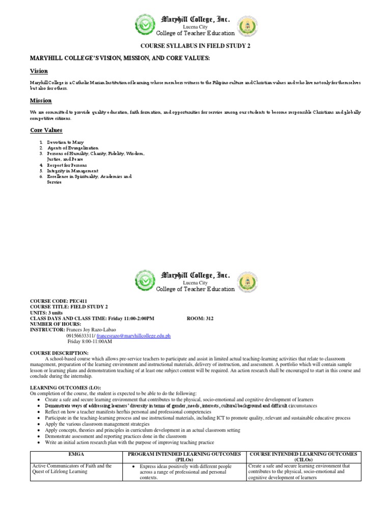 2023-2024 Field Study 2 Syllabus | PDF