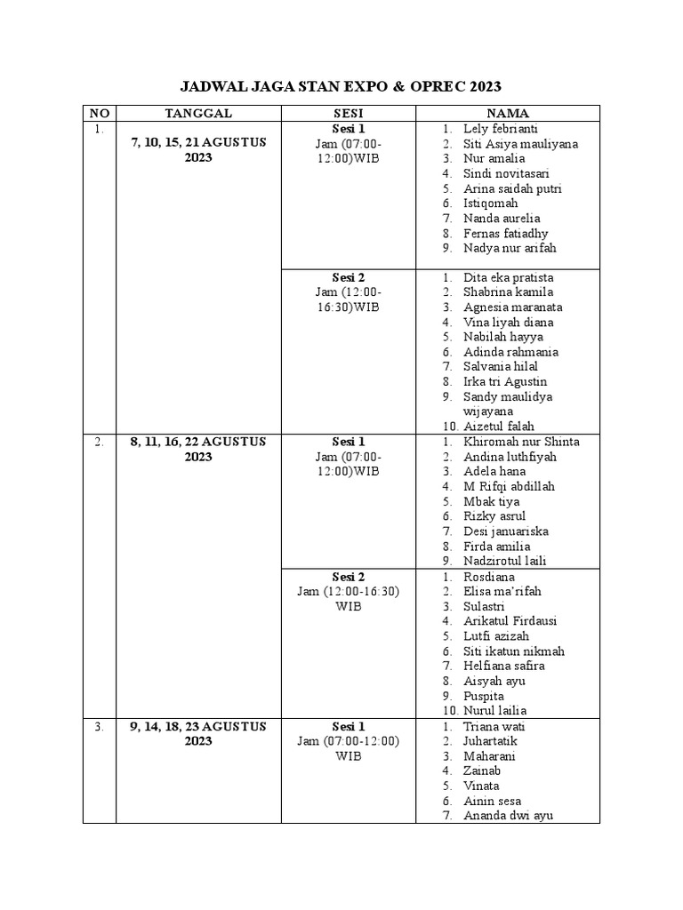 Jadwal Jaga Stan Expo 2023 | PDF