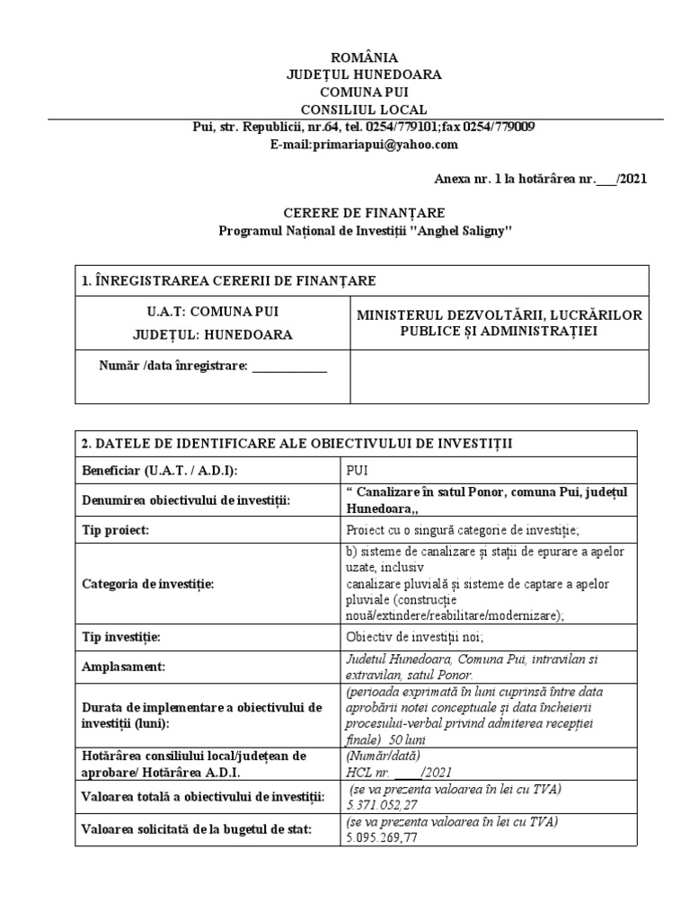 Anexa Nr. 1 Cerere de Finantare PNI Anghel Saligny - PONOR - Anexa La Hotararea 51 | PDF