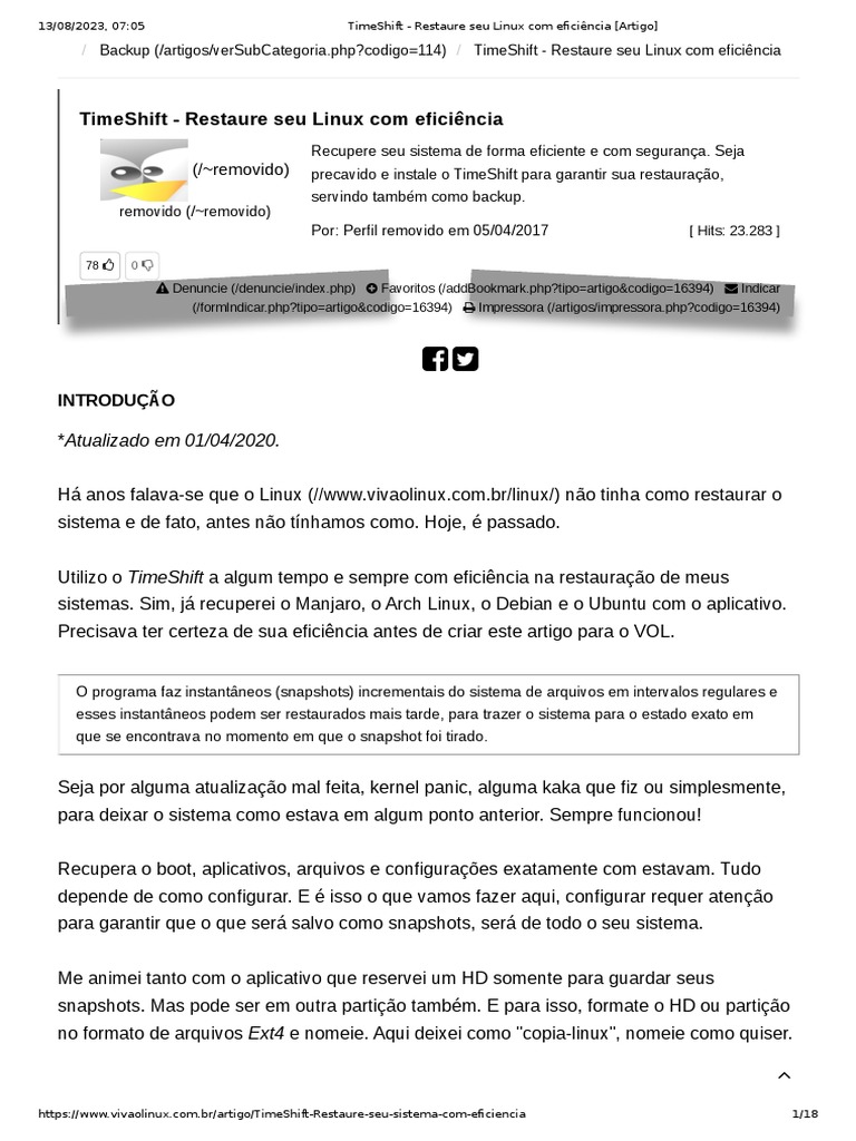 TimeShift - Restaure Seu Linux Com Eficiência (Artigo) | PDF