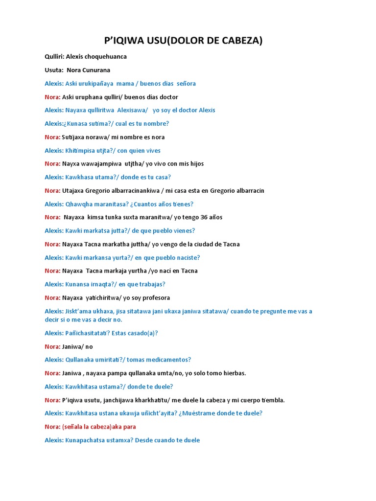 Dialogo de Doctor Paciente Aymara Nora Alexis | PDF