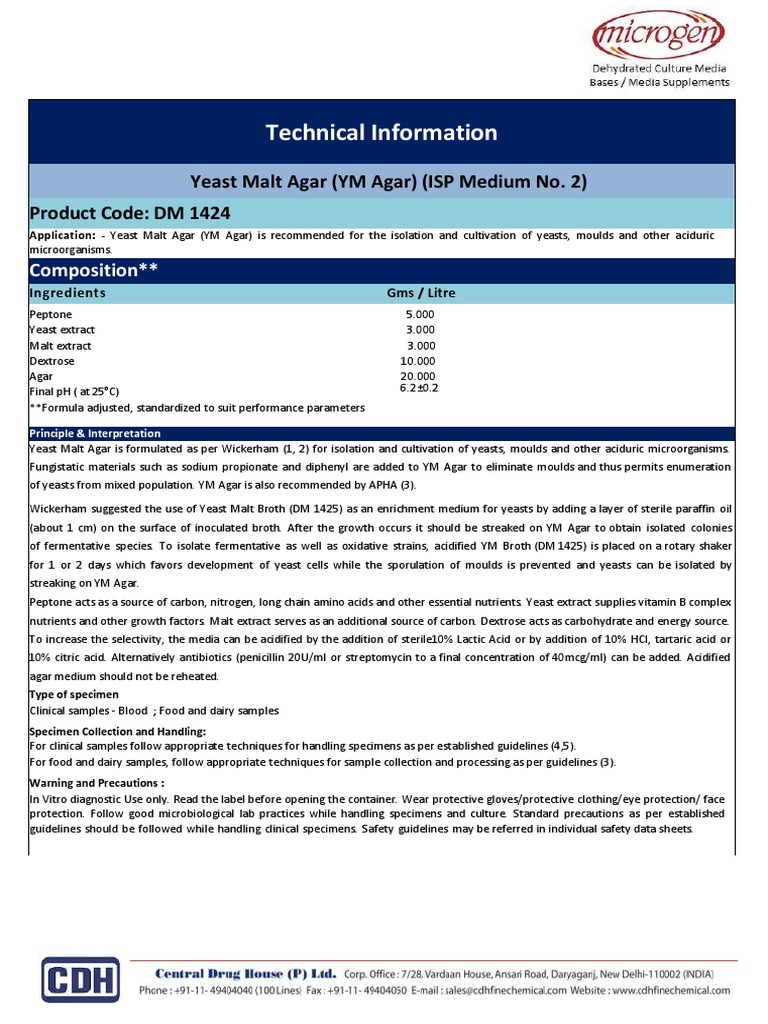 Technical Information: Yeast Malt Agar (YM Agar) (ISP Medium No. 2 ...