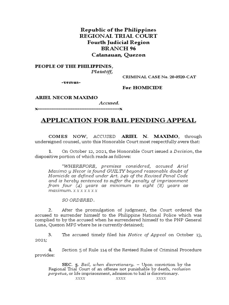 Application For Bail Pending Appeal - Maximo | PDF