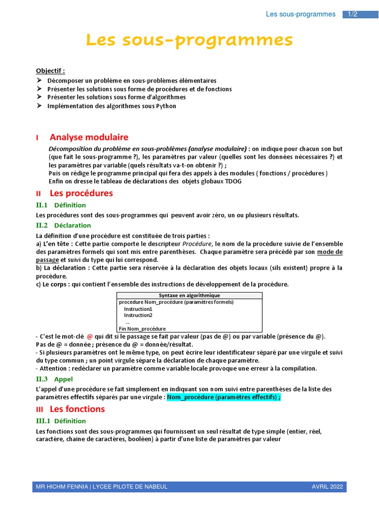 Les Sous Programmes Cours 2022 | PDF