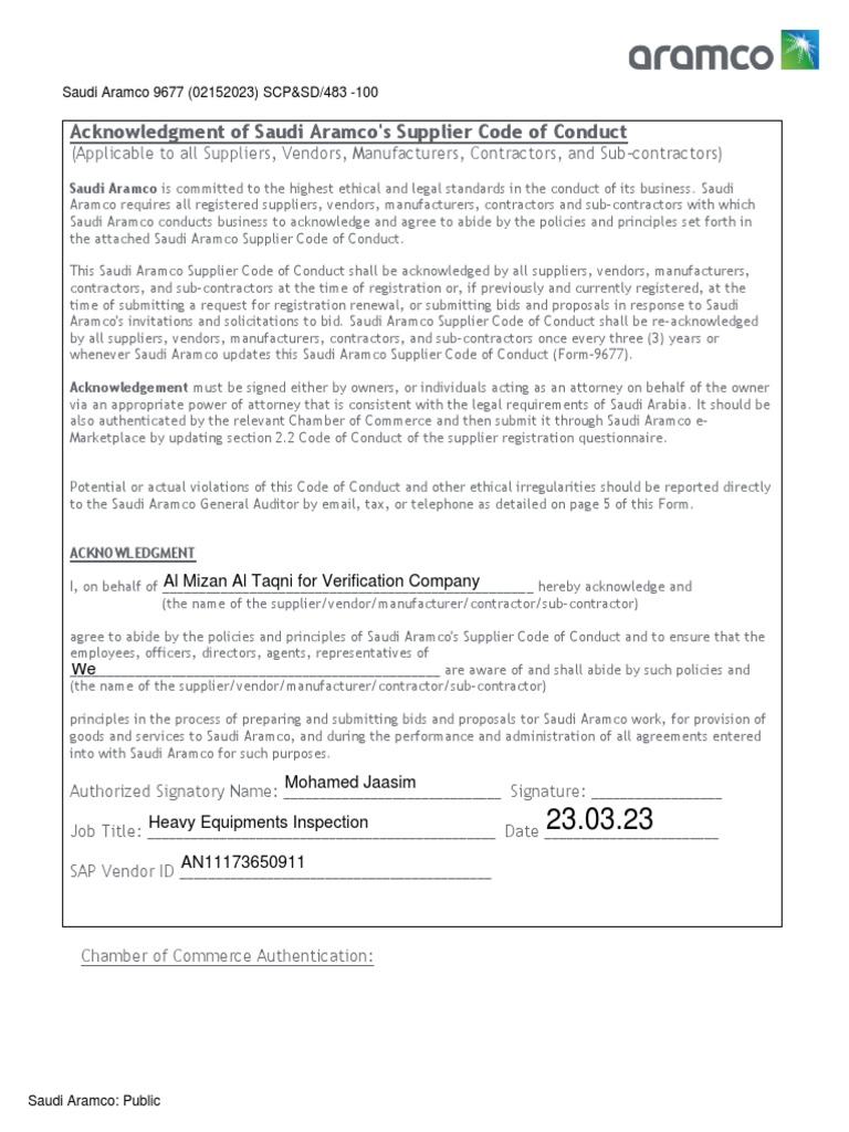 Saudi Aramco Supplier Code of Conduct 9677 English | PDF