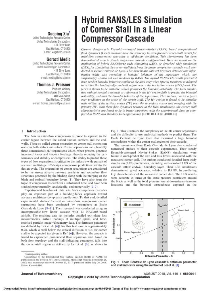 2018 Xia Et Al Hybrid Rans-Les Simulation of Corner Stall in A Linear Compressor Cascade | PDF