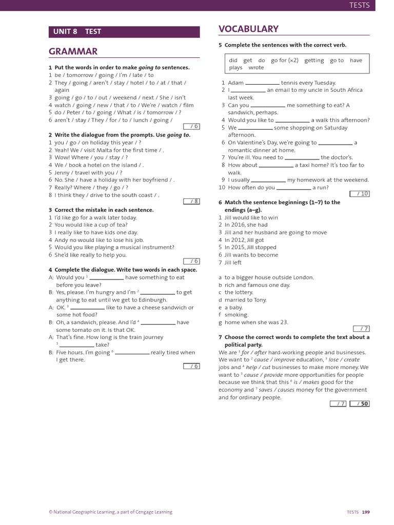 Outcomes Elementary Unit 8 Test | PDF