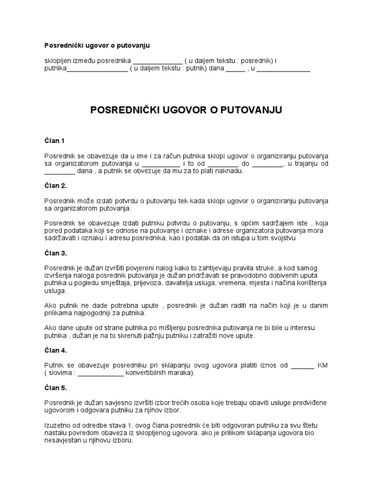 Posrednički Ugovor o Putovanju | PDF