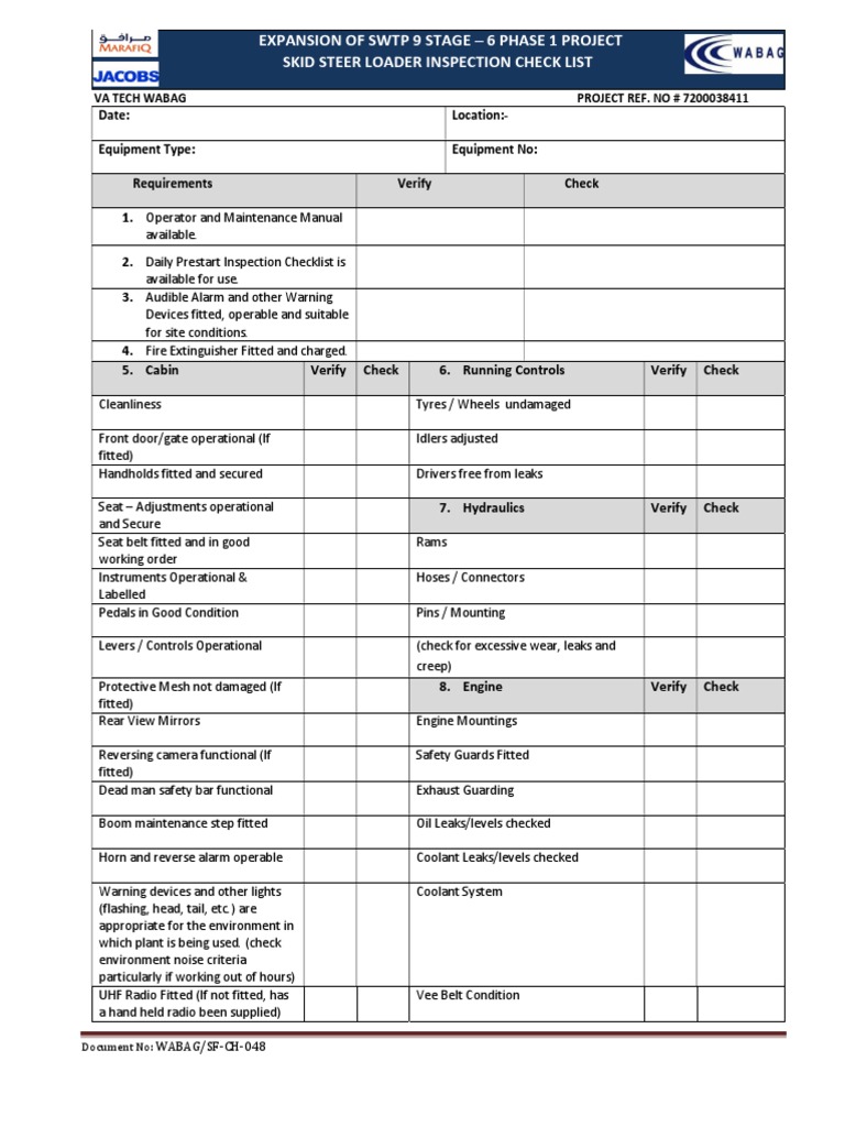 Skid Steer Loader Inspection Check List | PDF