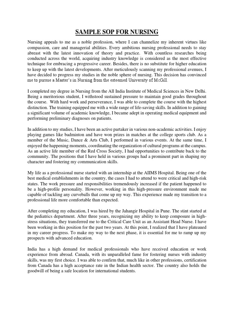 SOP Sample For Nursing in Canada | PDF