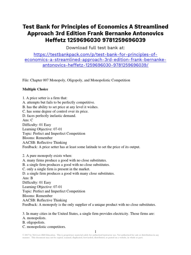 Principles of Economics A Streamlined Approach 3rd Edition Frank Test ...