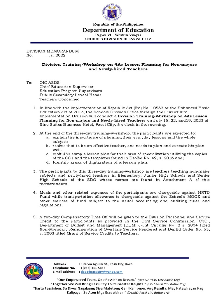 Memo On 4 As and Lesson Planning | PDF