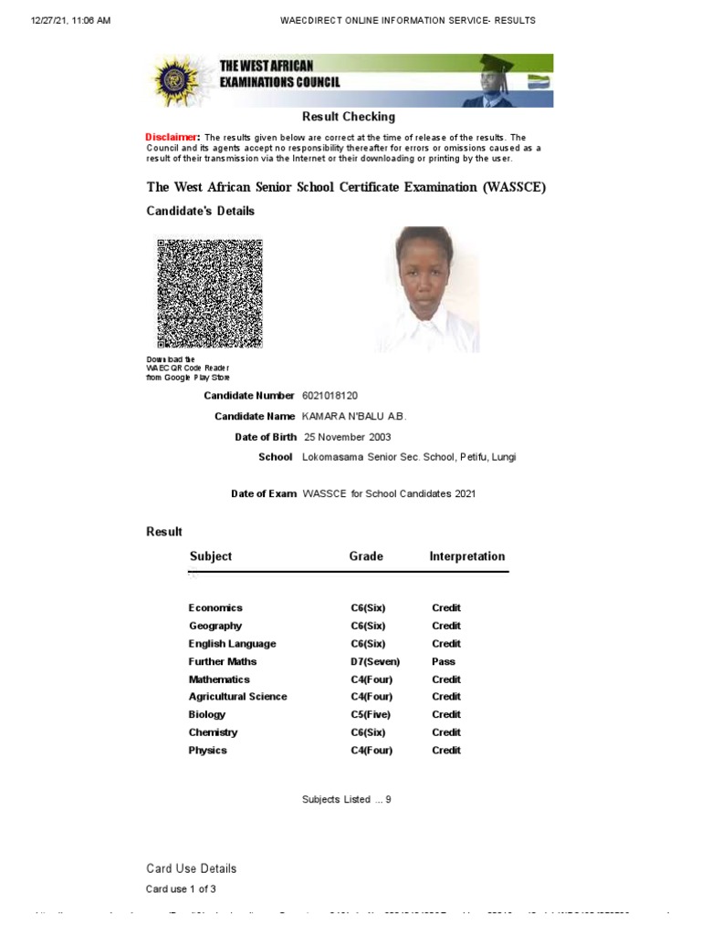 Wassce Result Template | PDF