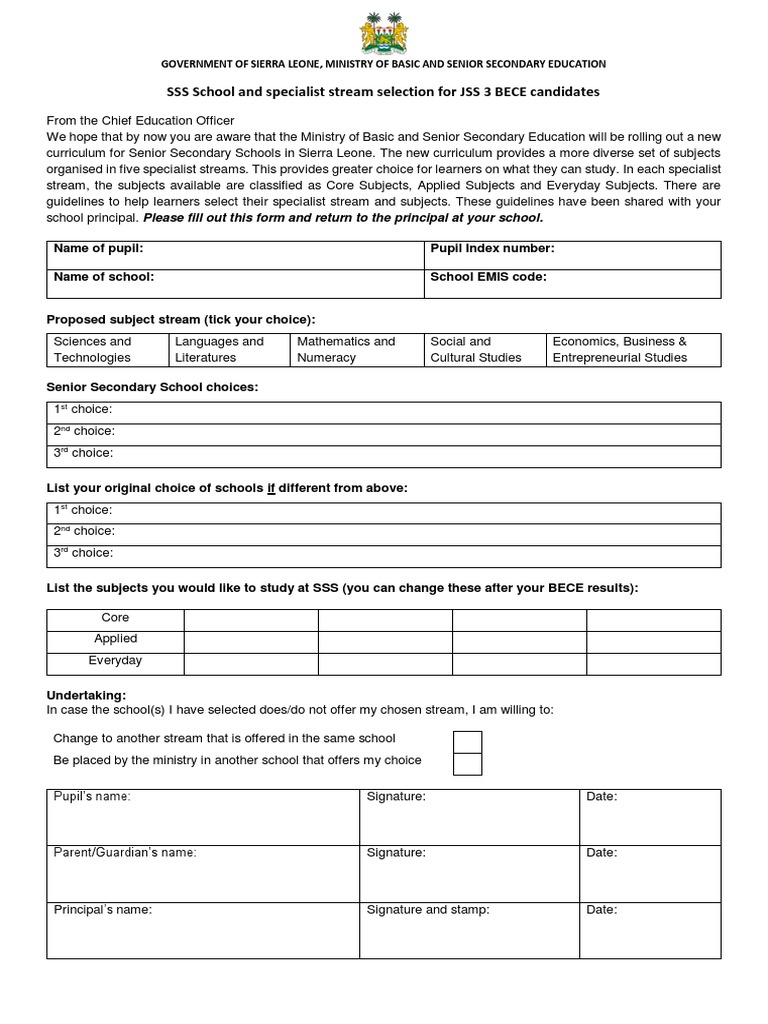 School and Subject Stream Selection Form v2 | PDF | Wellness