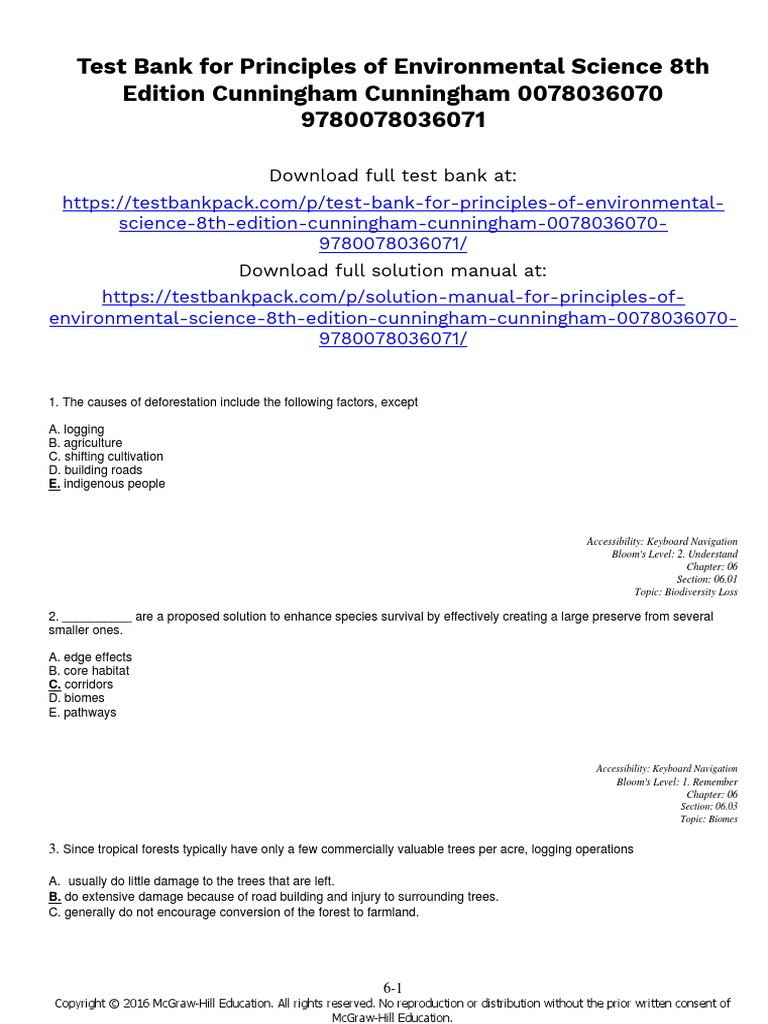 Principles of Environmental Science 8th Edition Cunningham Test Bank ...
