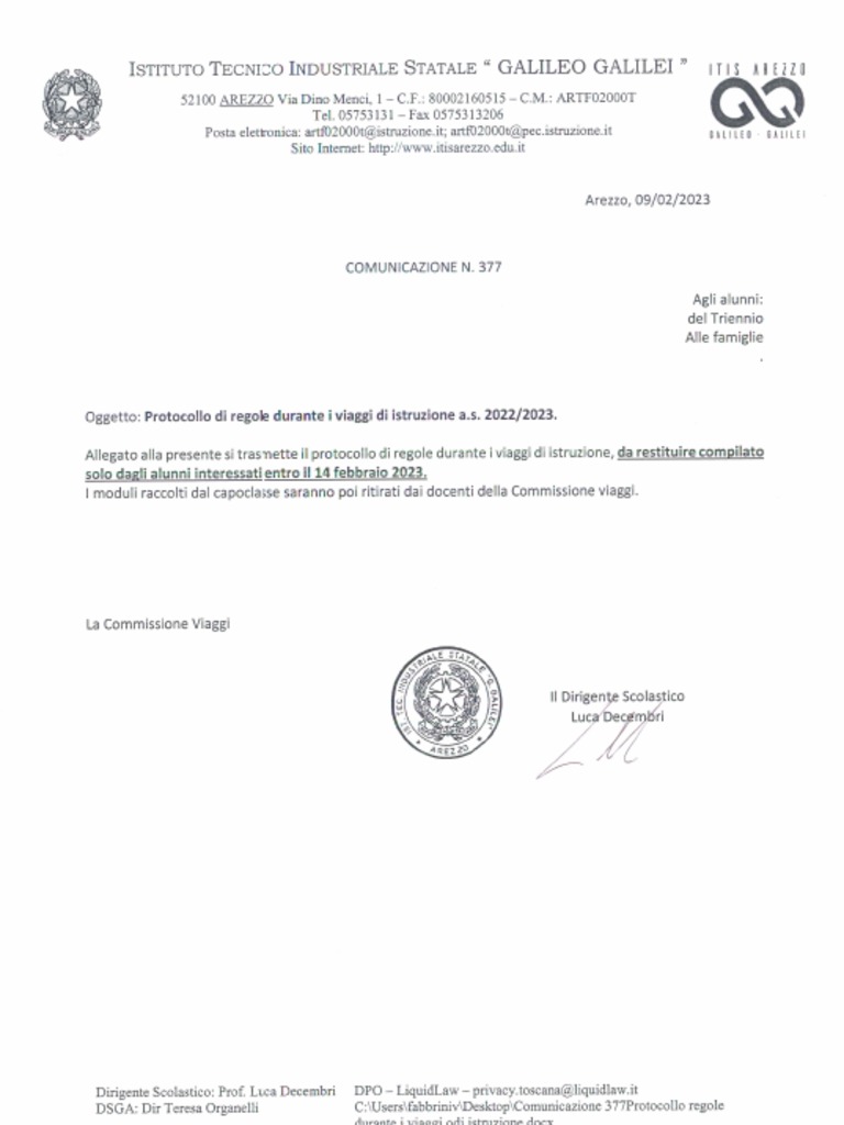 Comunicazione 377 Protocollo Di Regole Per Viaggi Di Istruzione | PDF