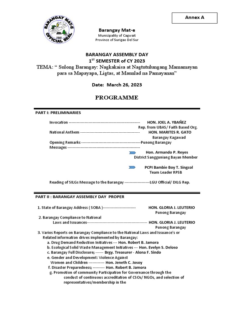 Programme - 1ST Barangay Assembly Day March 26, 2023 | PDF