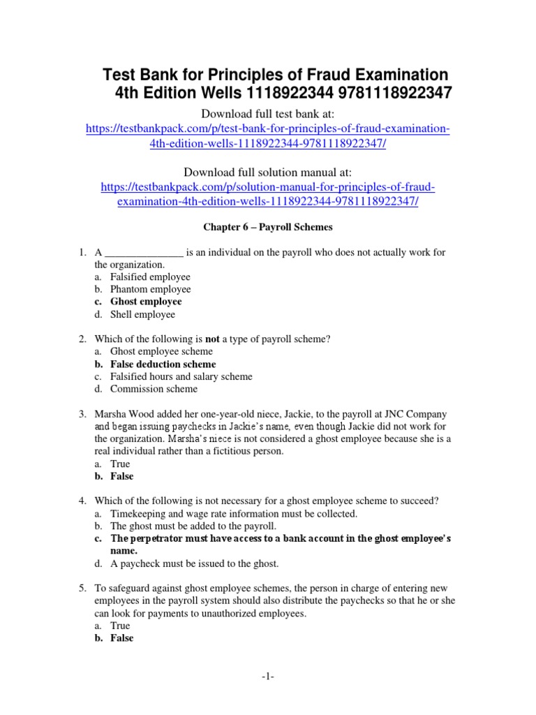 Principles of Fraud Examination 4th Edition Wells Test Bank Download | PDF