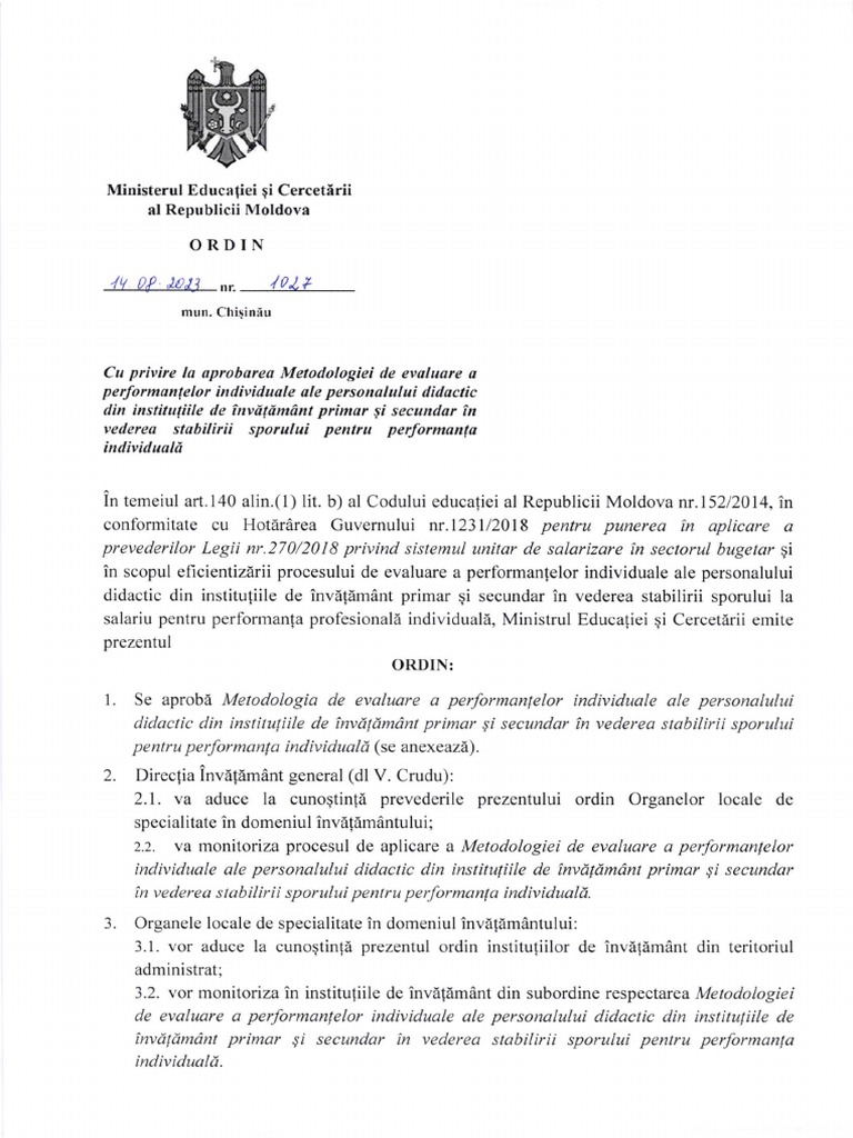 Ordin Mec NR 1027 Din 14.08.2023 Metodologia de Evaluare A Performantelor Personalului Didactic ...