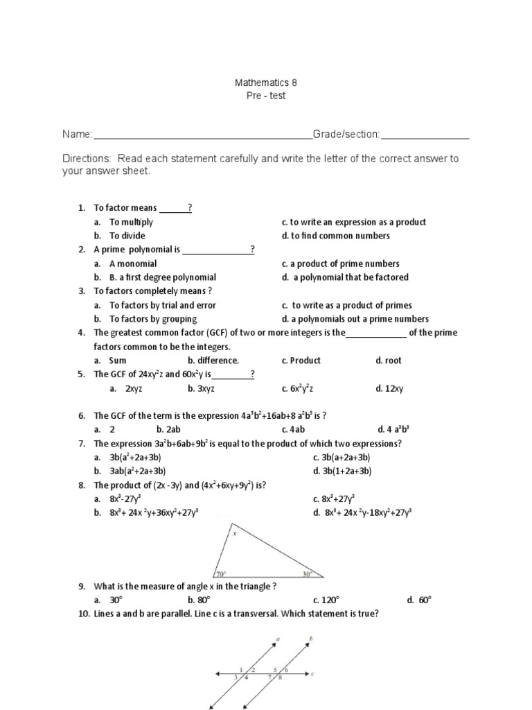 Pre Test Grade 8 | PDF