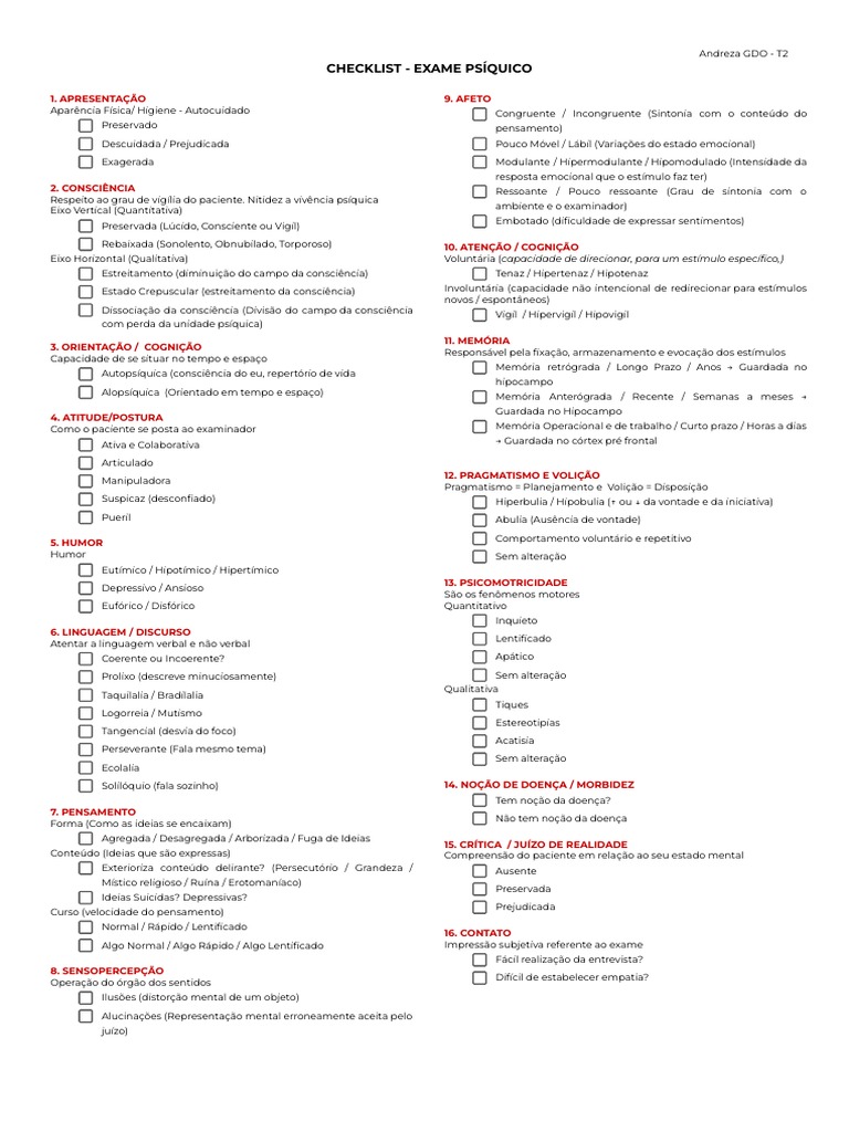 Checklist - Exame Psíquico | PDF