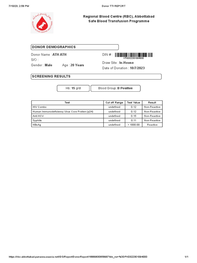 Donor TTI Report - Abbottabad RBC | PDF