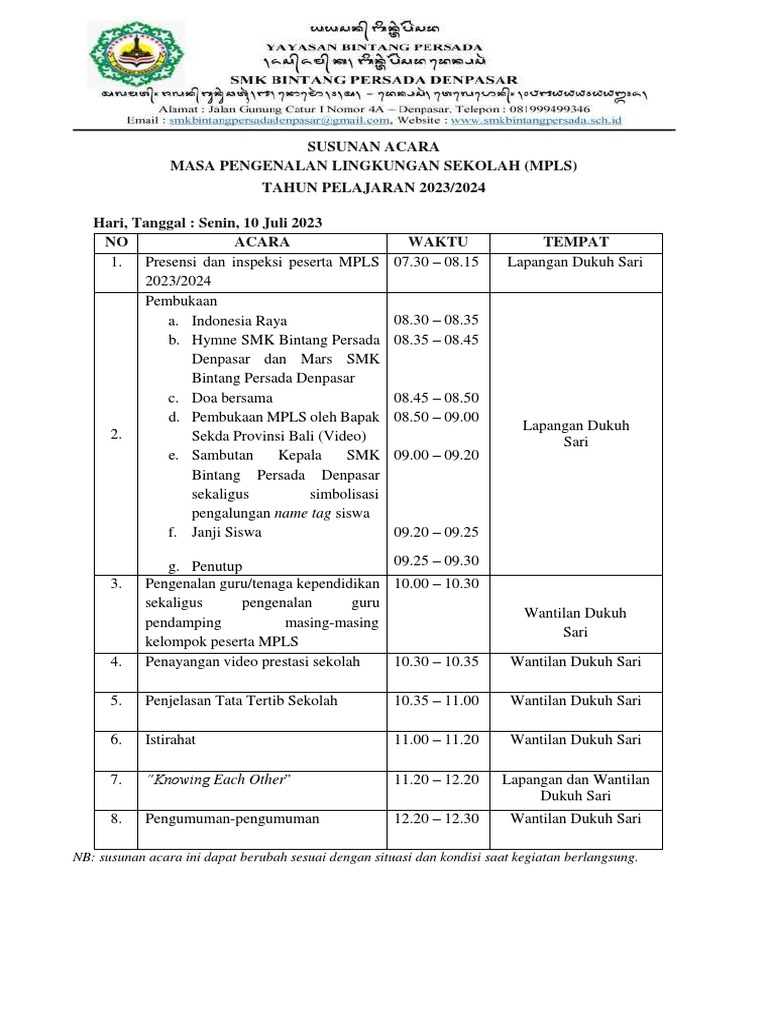 Susunan Acara MPLS 23-24 | PDF