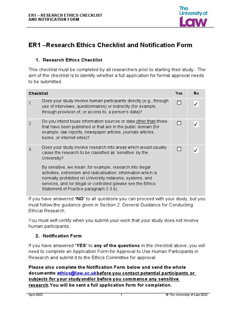 Policies Er1 Research Ethics Checklist and Notification Form | PDF