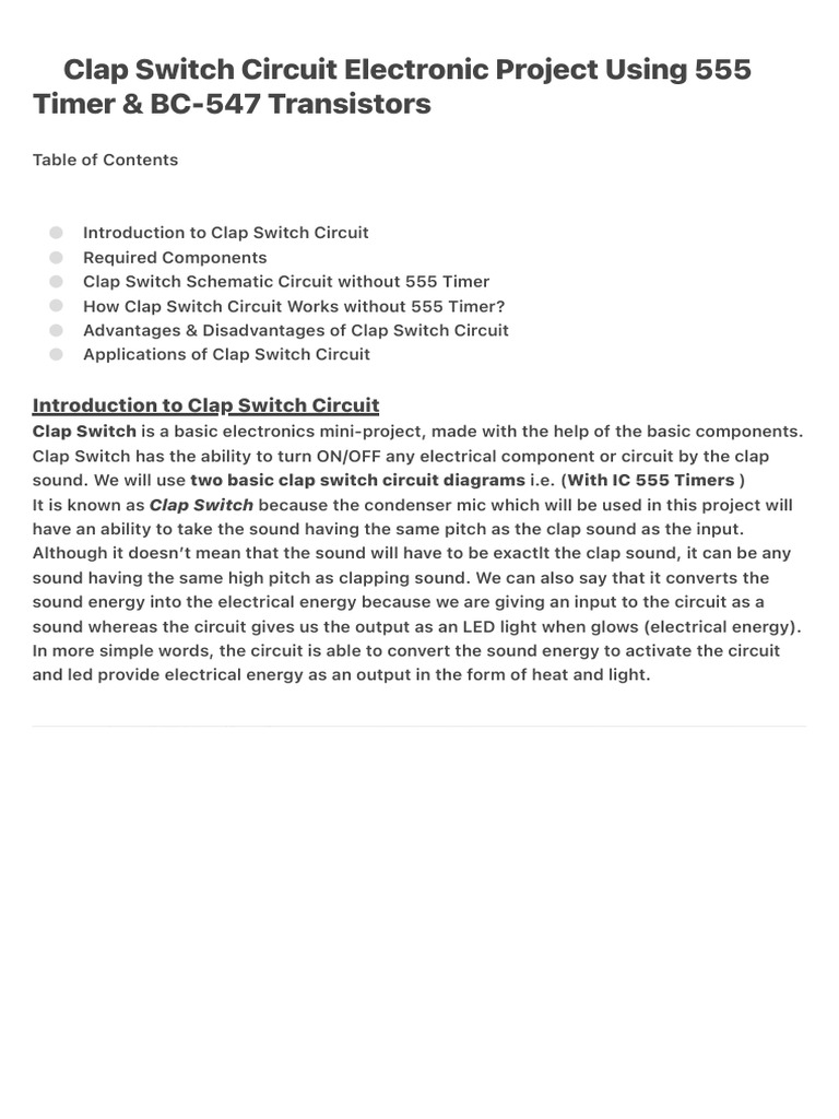 Clap Switch Circuit Electronic Project Using 555 Timer & BC-547 | PDF