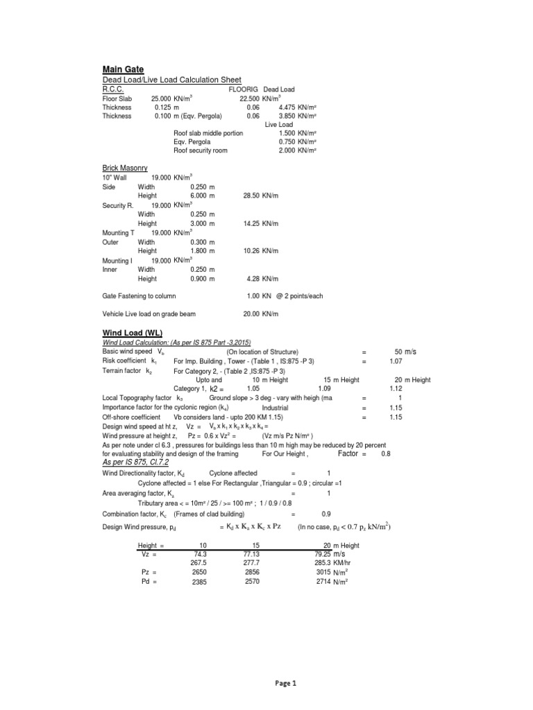 Main Gate: Dead Load/Live Load Calculation Sheet | PDF