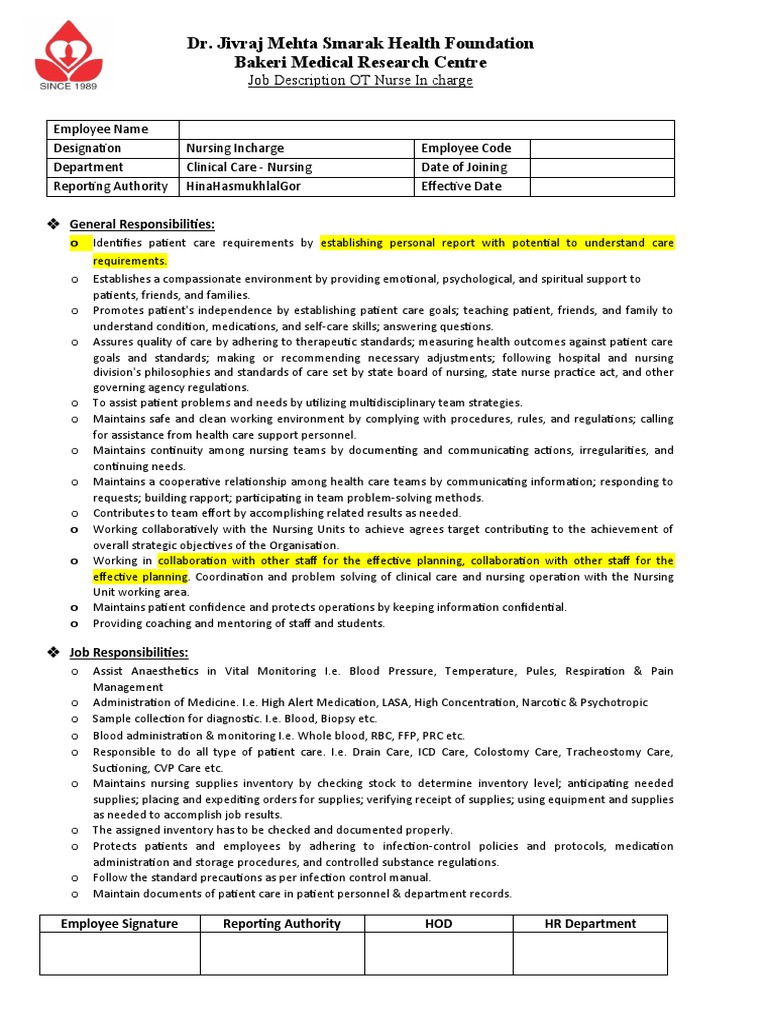 Format of JD - OT Nurse Incharge. | PDF