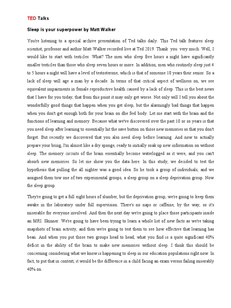 TED Talks Sleep Is Your Superpower by Matt Walker | PDF