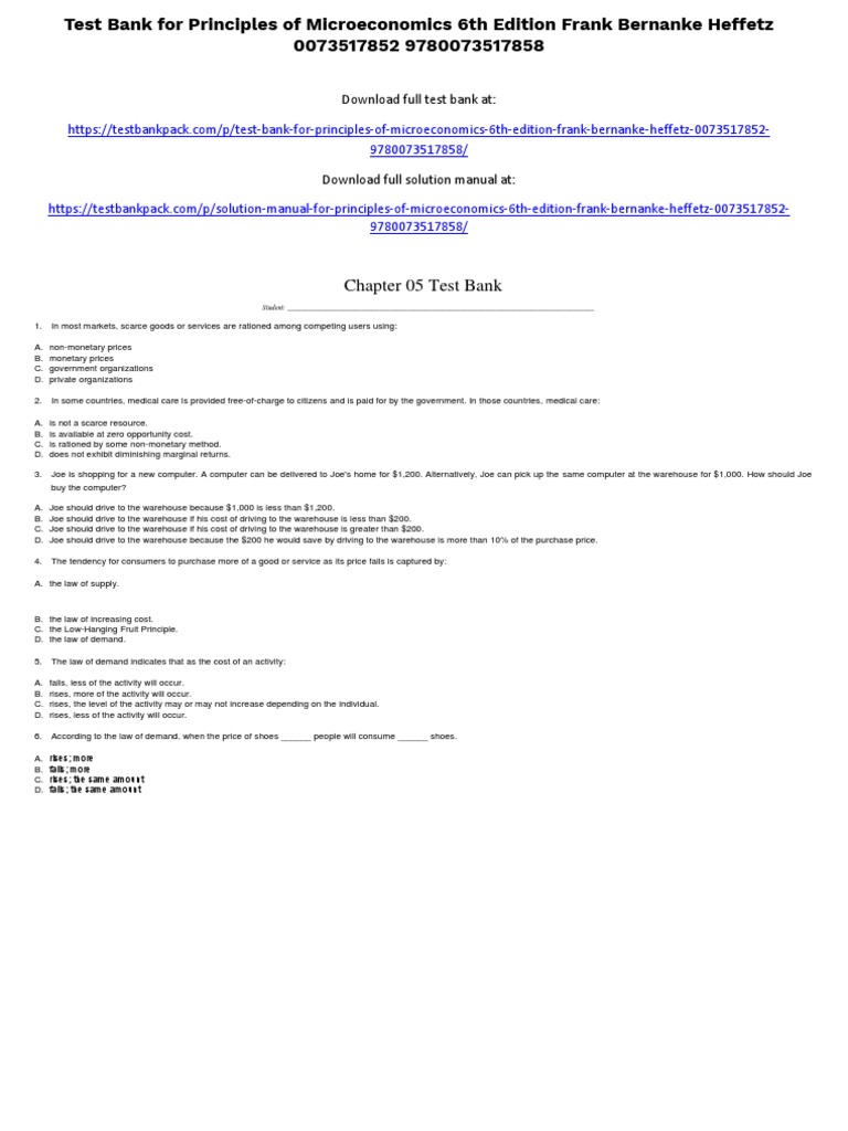 Principles of Microeconomics 6th Edition Frank Test Bank Download | PDF