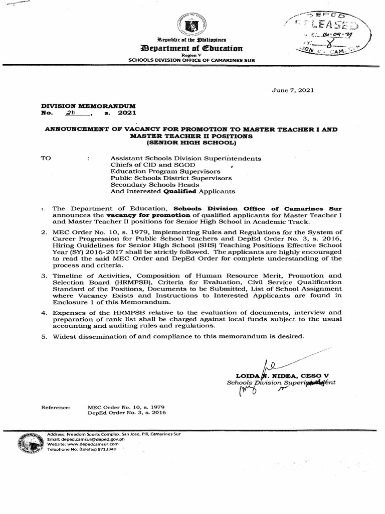 SHS Master Teacher 211 - S. - 2021 | PDF