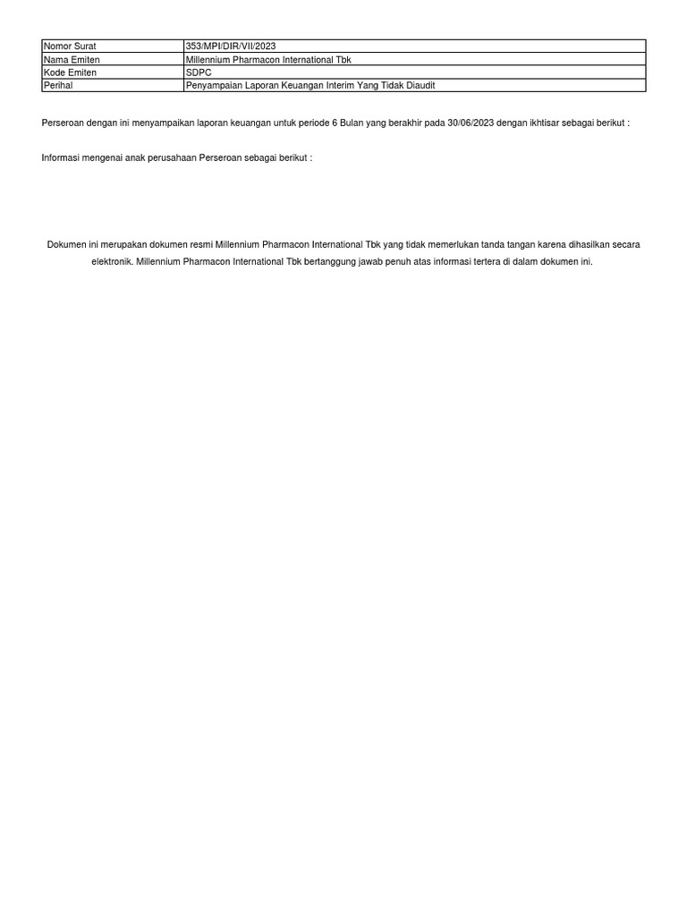 Laporan Keuangan Interim SDPC Q2 2023 | PDF | Pengelolaan Keuangan & Uang