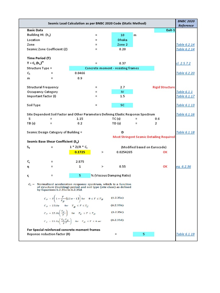 Sesmic Load Calculation as per BNBC Code | PDF