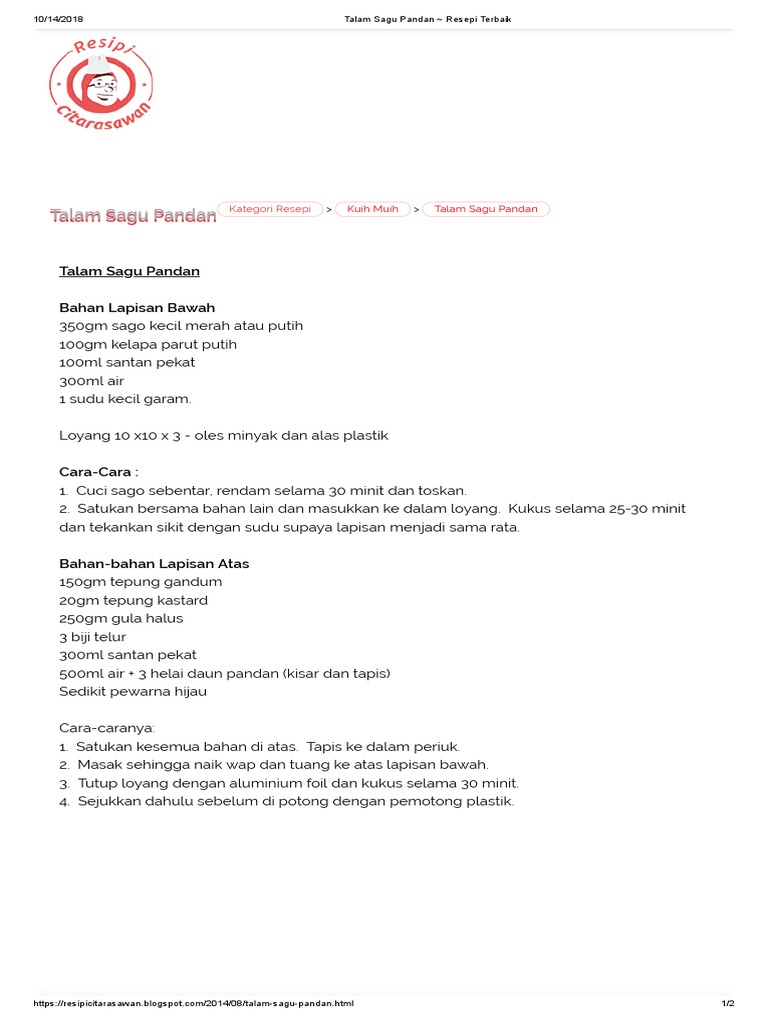 Talam Sagu Pandan _ Resepi Terbaik | PDF