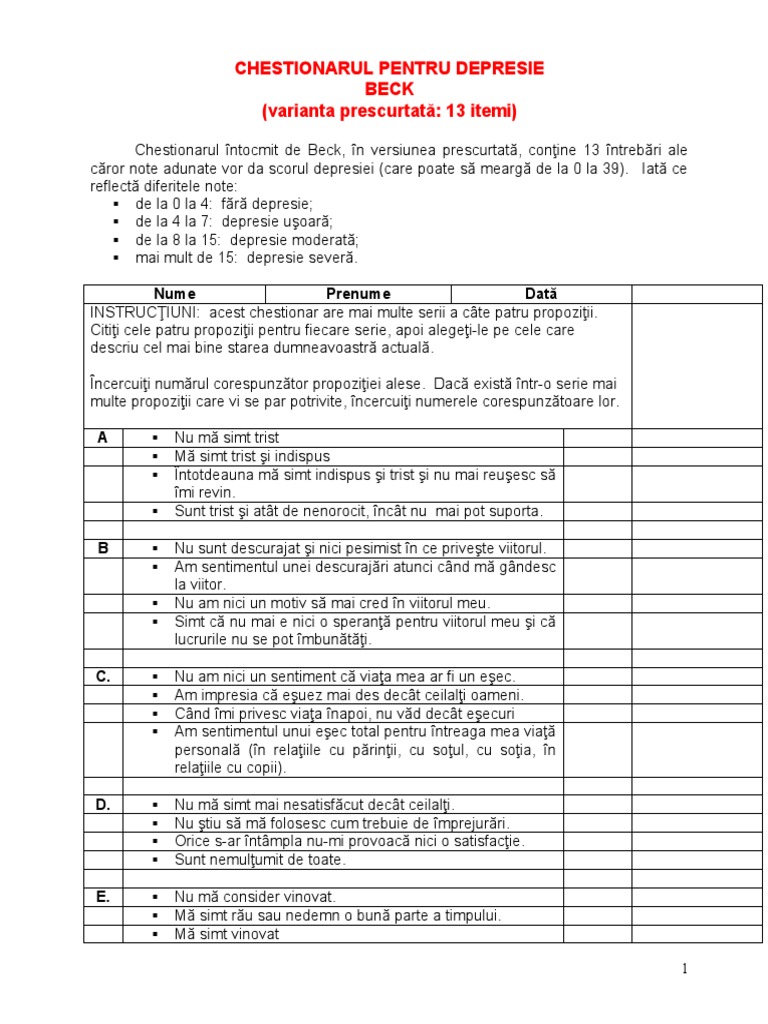 Chestionar Pentru Depresie BECK-v2 | PDF