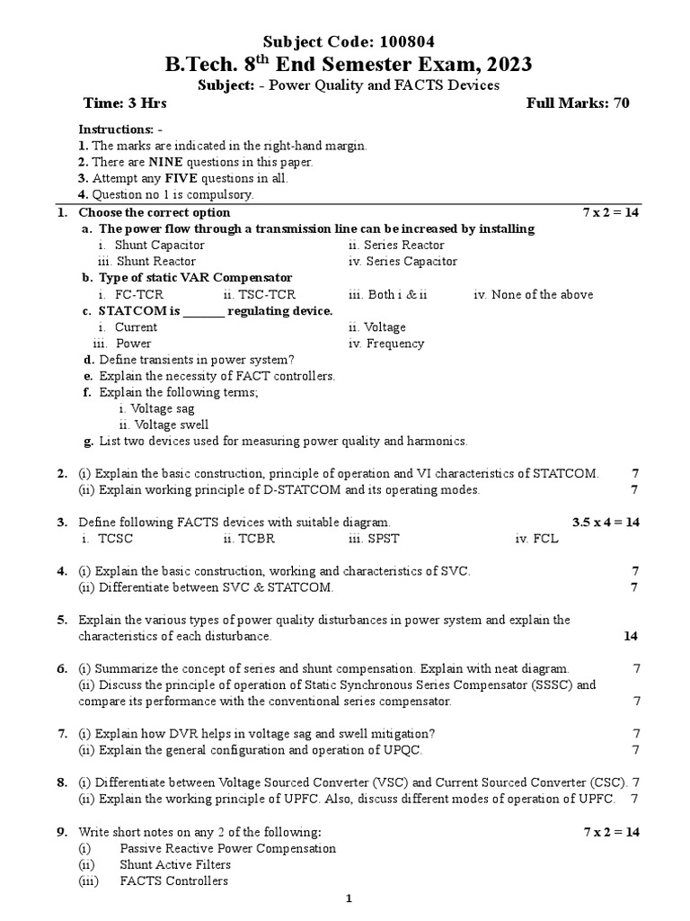 Power Quality & FACTS Devices - Model Paper | PDF