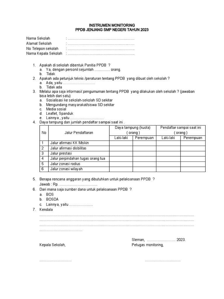 Instrumen Monitoring PPDB SMP Negeri Tahun 2023 | PDF
