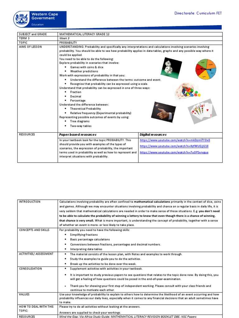 Mathematical Literacy Grade 12 Term 3 Week 3 - 2020 | PDF