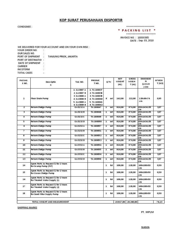 Packing List Ekspor | PDF