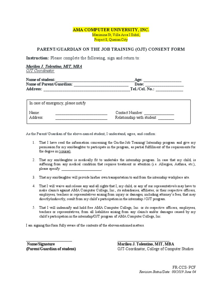 PARENT GUARDIAN OJT CONSENT FORM V - 2 1 | PDF