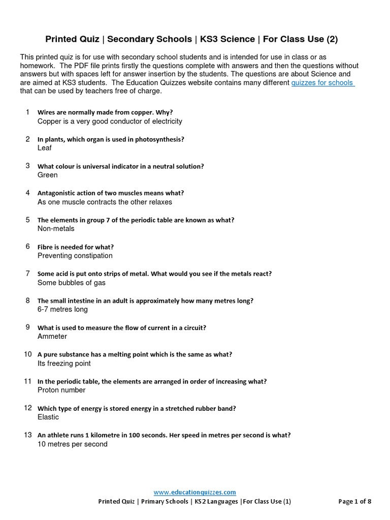 KS3 Science Quiz for Classroom Use | PDF