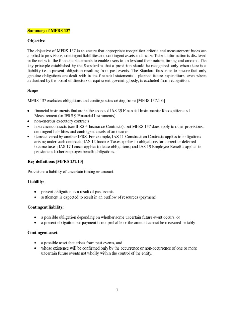 Summary of MFRS 137 | PDF