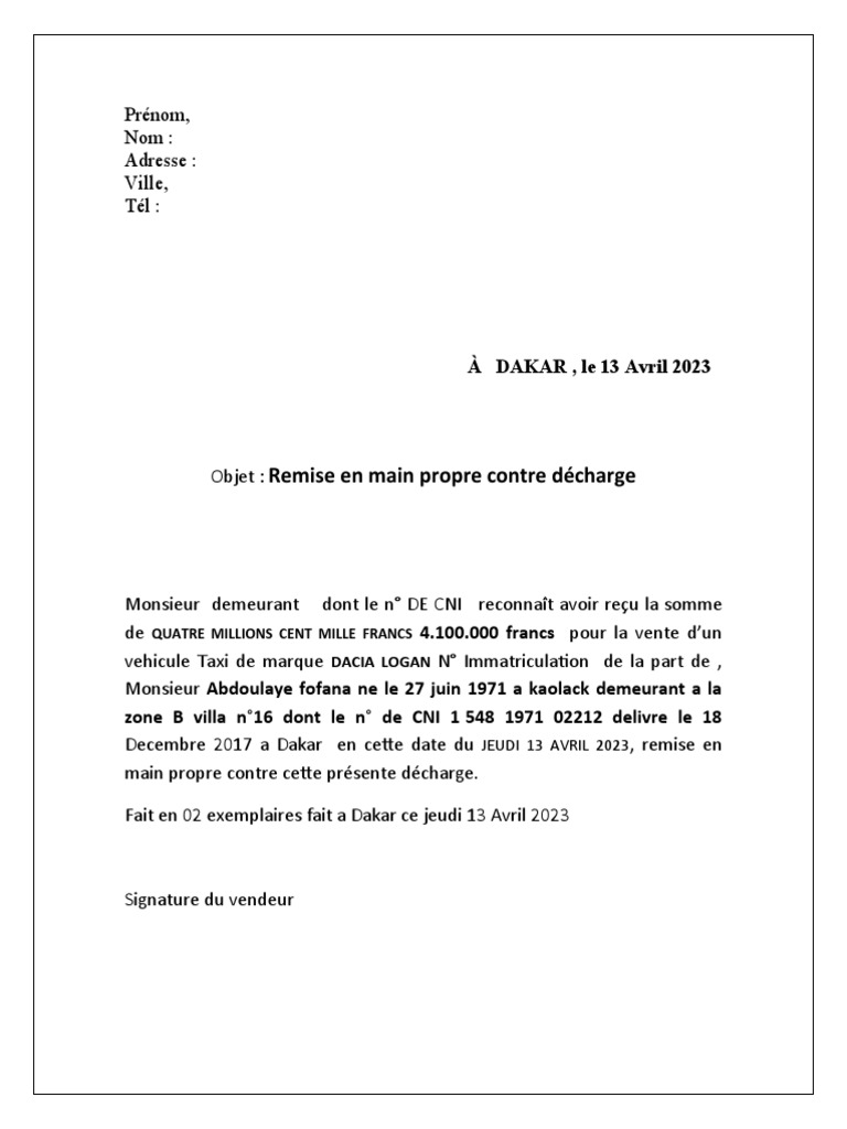 Lettre Modele Remise en Main Propre Contre Decharge | PDF | Maison et ...