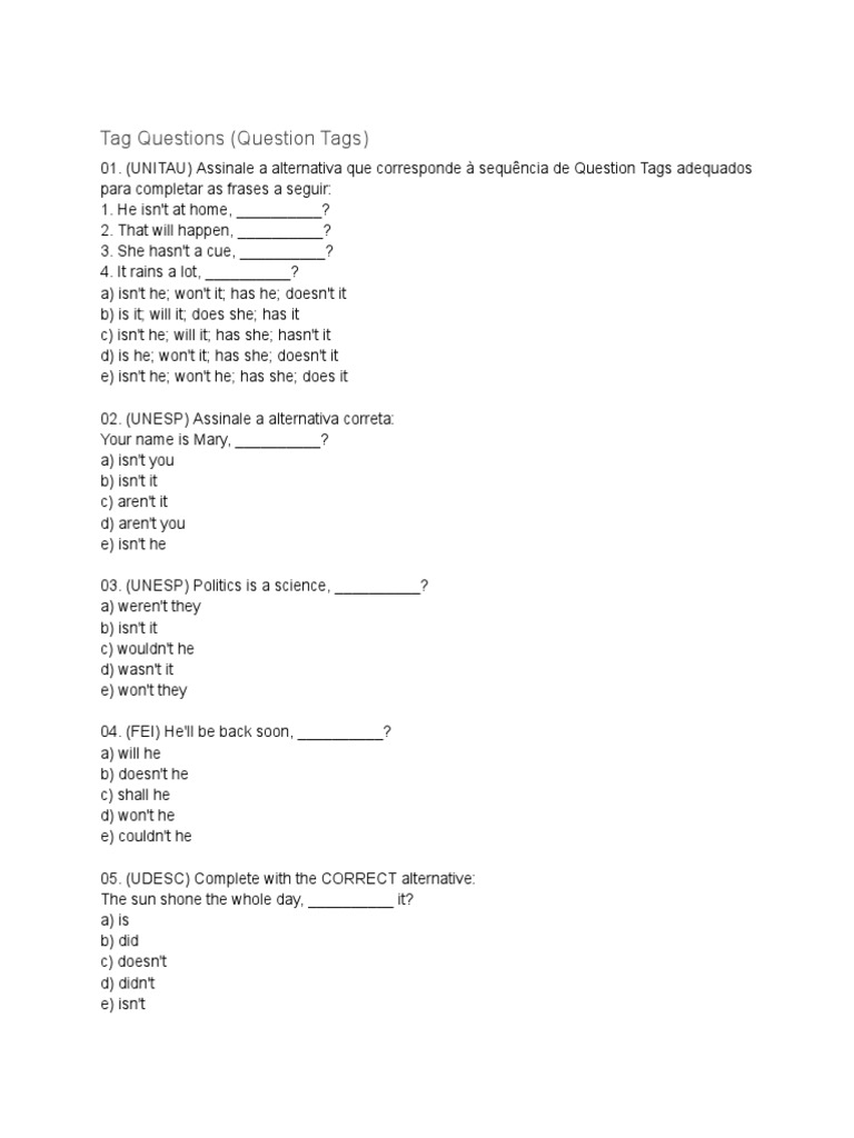 Tag Questions (Question Tags) - 20 Exercícios | PDF