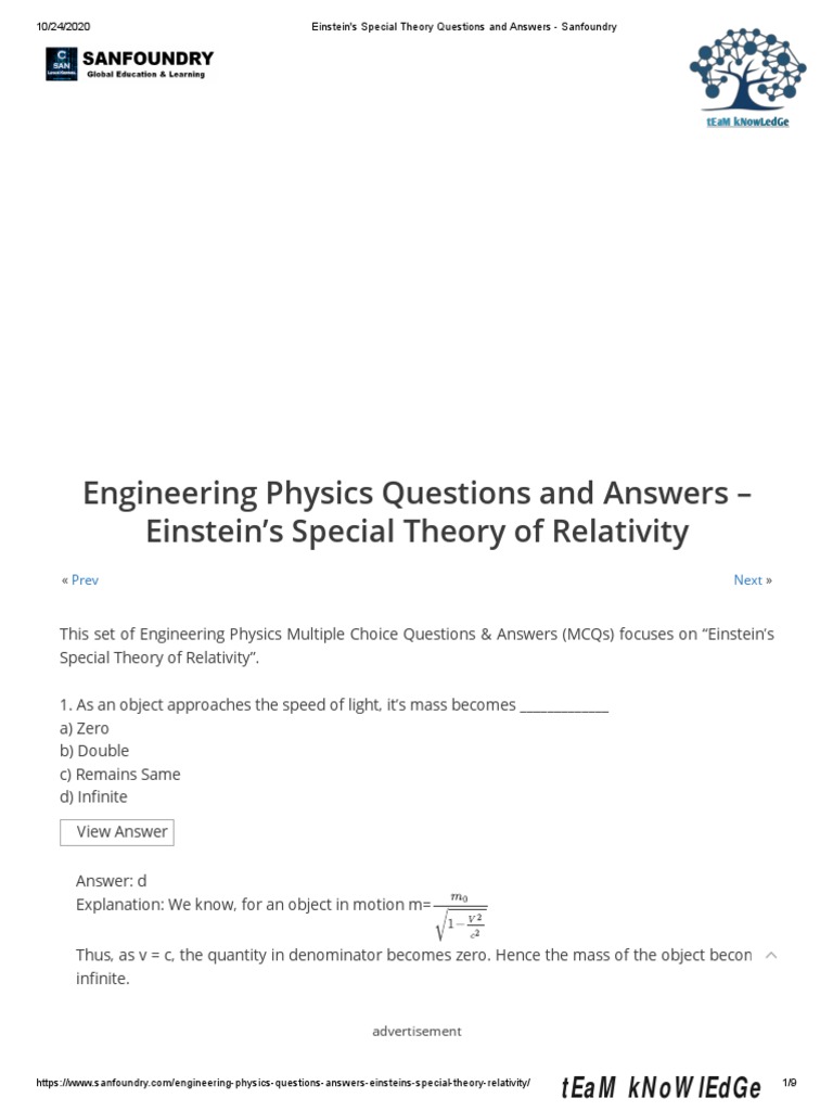 Special Relativity MCQs and Answers | PDF