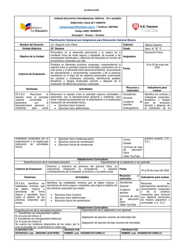Planificación Educ Fisica SEMANA 02 | PDF