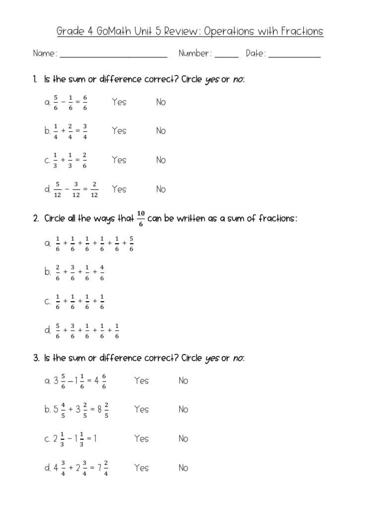 Grade 4 Fractions Review Worksheet | PDF